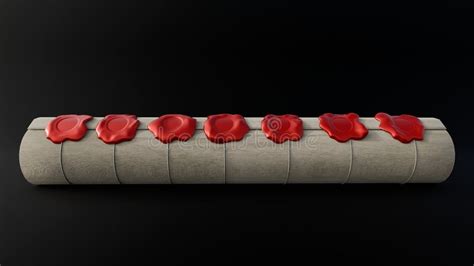 A Rolled Parchment Scroll Sealed With Seven Bright Red Wax Seals Stock Illustration