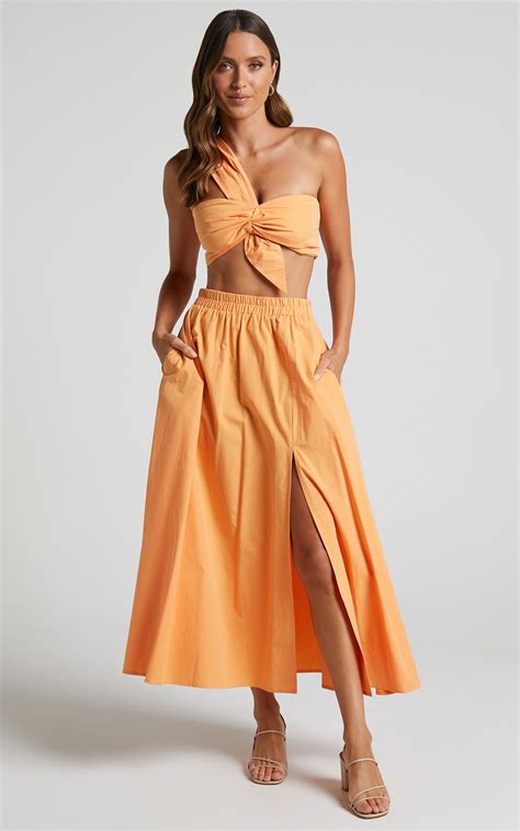 Sula Two Piece Set One Shoulder Bralette Crop Top And Midi Skirt In