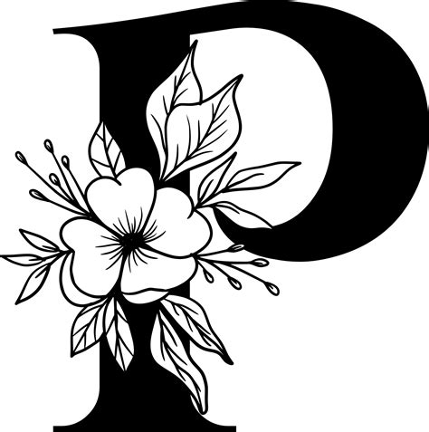 Letter P Floral Decorative Alphabet With Flower And Leaves Ornament