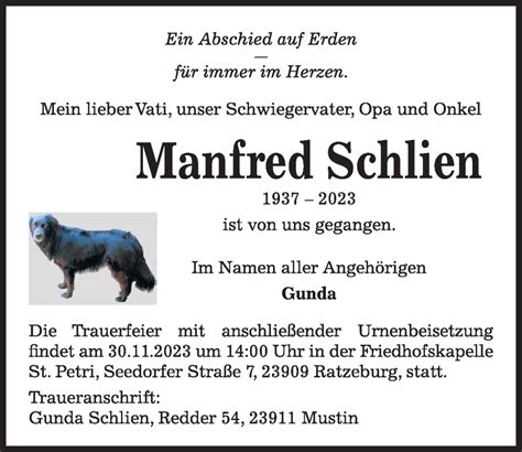 Traueranzeigen Von Manfred Schlien Trauer Anzeigen De