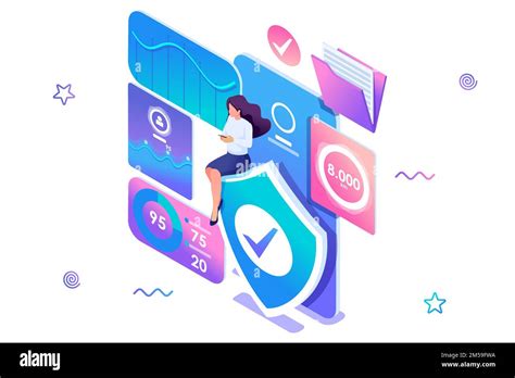 Isometric Concept Girl Installs Online Application To Protect Data On