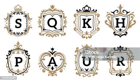모노 그램 부티크 주류 또는 호텔 패밀리 브랜드 벡터 세트의 트렌디한 빈티지 로얄 장식 및 문자 로고타입 또는 배지 요소 모노그램에 대한 스톡 벡터 아트 및 기타 이미지