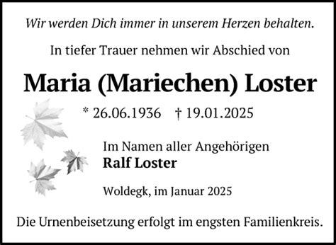 Traueranzeigen Von Maria Loster Trauer Nordkurier