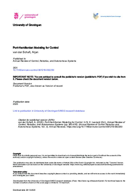 Pdf Port Hamiltonian Modeling For Control