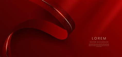 추상 3d 골드 곡선 빨간색 리본은 조명 효과가있는 빨간색 배경에 있으며 텍스트를위한 복사 공간으로 반짝입니다 럭셔리 디자인 스타일 금메달에 대한 스톡 벡터 아트 및 기타