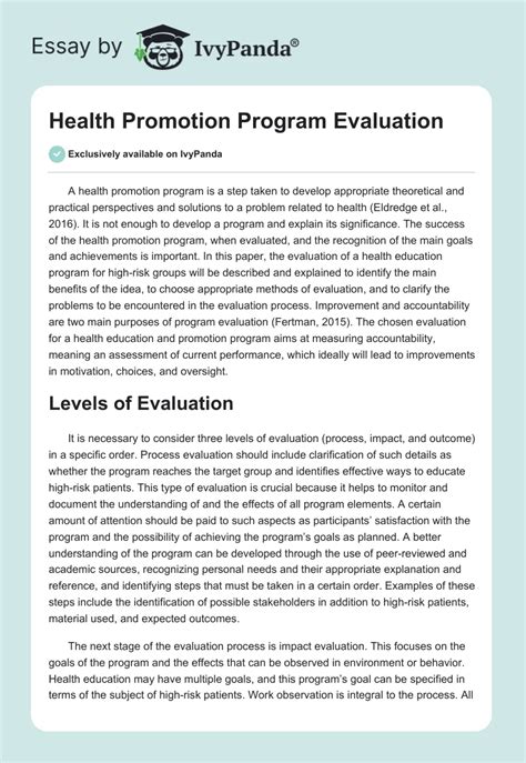 Health Promotion Program Evaluation 834 Words Coursework Example