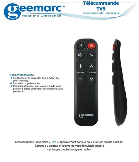 Télécommande Universelle Simplifiée Geemarc Tv5 7 Touches