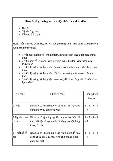 Bảng đánh giá năng lực làm việc nhóm của nhân viên Bảng đánh giá năng lực làm việc nhóm của
