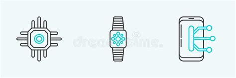 Set Line Smartphone Mobile Phone Processor And Smartwatch Icon Vector Stock Vector