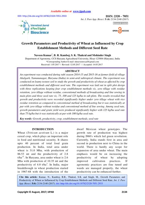PDF Growth Parameters And Productivity Of Wheat As Influenced By Crop Establishment Methods