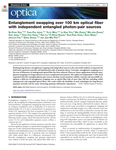 Pdf Entanglement Swapping Over 100 Km Optical Fiber With Independent