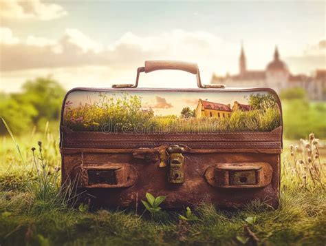Suitcase Is Sitting On The Grass Stock Image Image Of Lawn Vintage