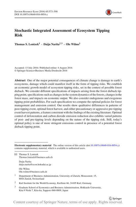 Stochastic Integrated Assessment Of Ecosystem Tipping Risk Request Pdf