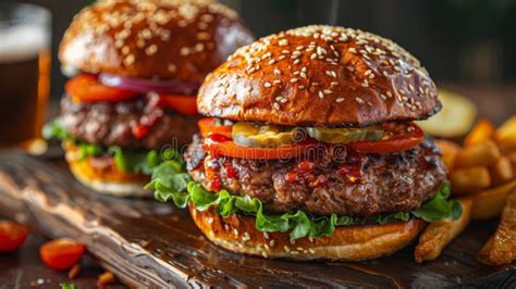 Delicious Spicy Burgers With Fresh Toppings Served With Golden Fries