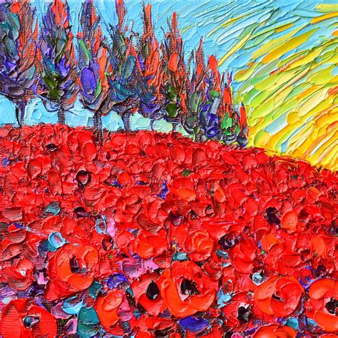Abstract Sunset Red Poppies And Cypress Trees Textural Impasto Knife