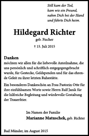 Traueranzeigen Von Hildegard Richter Trauerportal Ihrer Tageszeitung