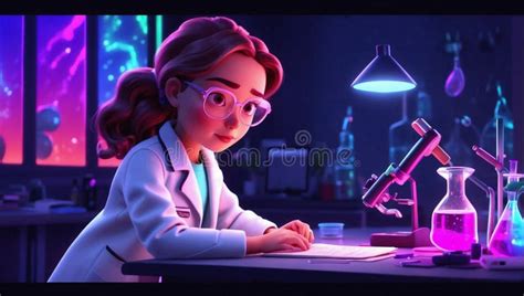 Scientist Girl In Lab Coat Making Experiment In Laboratory Pixar