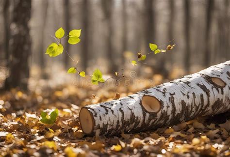 A Minimalistic Scene Of Felled Birch Tree Lying With Leaves On Natural Background Shadow