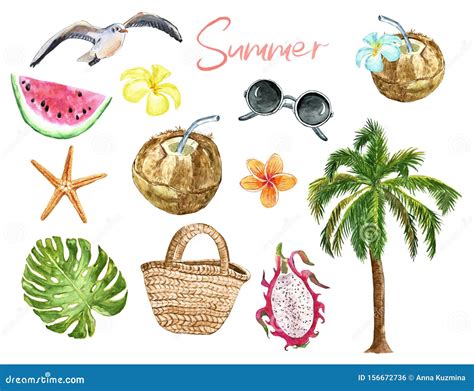 Summer Holiday Set With Symbols Of Beach Vacation Watercolor Palm Tree