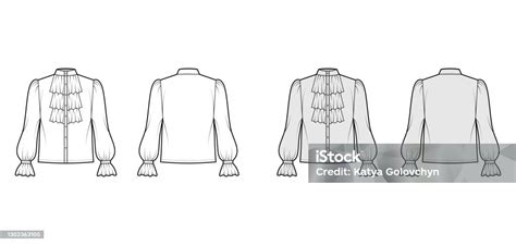 프릴 칼라 주교 긴 소매 스탠드 넥 느슨한 버튼 업 시인 해적 블라우스 기술 패션 일러스트 셔츠에 대한 스톡 벡터 아트 및 기타