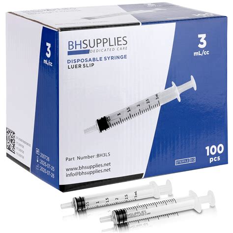 100 Pack Of Bh Supplies 3ml Luer Slip Tip Syringes Sterile