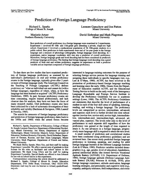 Pdf Prediction Of Proficiency In A Foreign Language