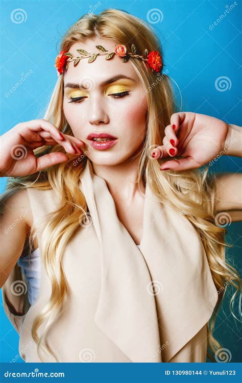 Young Blond Woman Dressed Like Ancient Greek Godess Jewelry Clo Stock