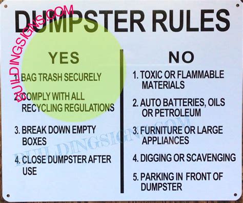 Dumpster Rules Sign 10x12 White Background Aluminum Ref15822