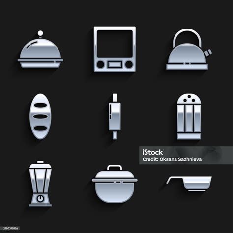 롤링 핀 요리 냄비 프라이팬 소금 믹서기 빵 덩어리 손잡이가 있는 주전자 및 음식 아이콘의 덮개가 있는 트레이 세트 벡터 건강한 식생활에 대한 스톡 벡터 아트 및 기타