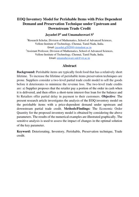 Pdf Eoq Inventory Model For Perishable Items With Price Dependent Demand And Preservation