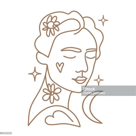 달 별 꽃 및 심장이있는 한 줄의 손으로 그린 여성 초상화가있는 벡터 일러스트레이션 여성 파워에 대한 스톡 벡터 아트 및 기타