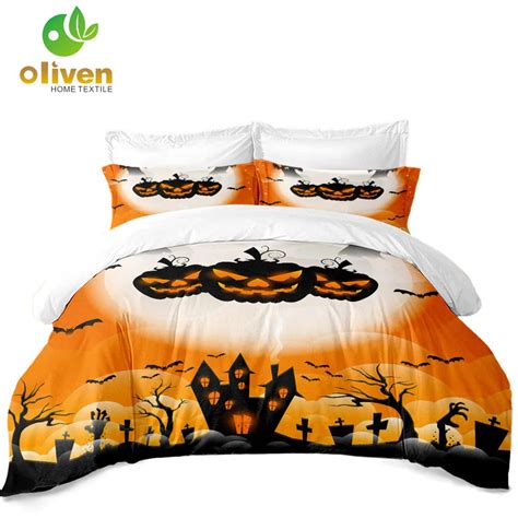Halloween Orange Pumpkin Bedding Set Cartoon Print Duvet Cover Set Moon