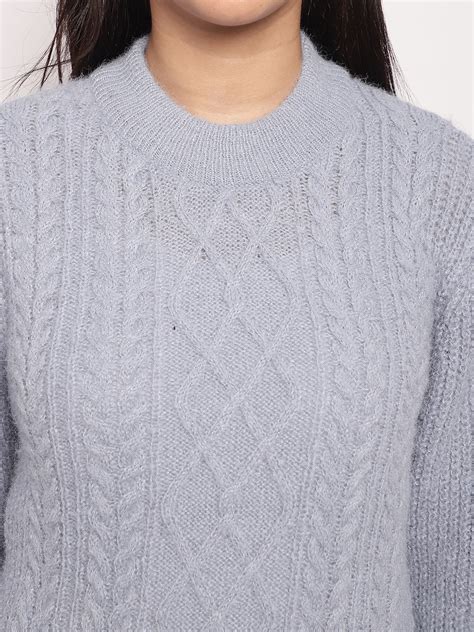 Acrylic Round Neck Full Sleeve Cable Knit Light Blue Sweater Nobarr