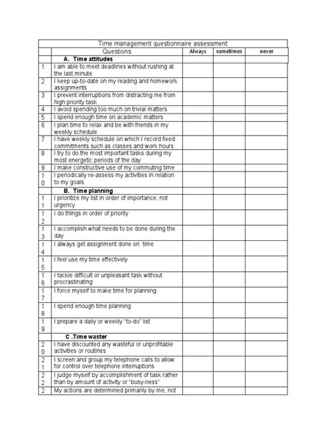 Time Management Questionnaire Assessment Pdf