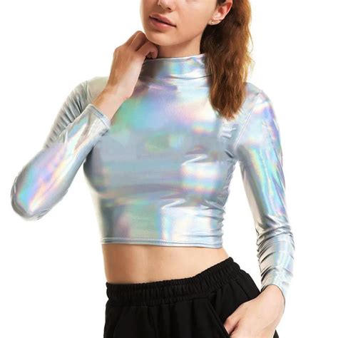 Women Liquid Metallic Long Sleeve Crop Top Punk Turtleneck Holographic
