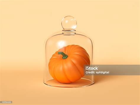 오렌지 배경에 유리 보호 하에 호박과 해피 할로윈 하루 최소한의 개념 최소한의 추상 벽지 개념 플랫 레이 3d 렌더 3차원