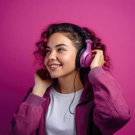 Premium Ai Image Portrait Of A Attractive Young Woman Enjoying Music With Pink Purple Background
