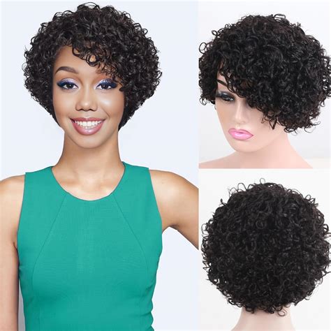 Pelucas Cortas De Cabello Humano Rizado Para Mujeres Negras Peluca Sin Pegamento Afro Jerry