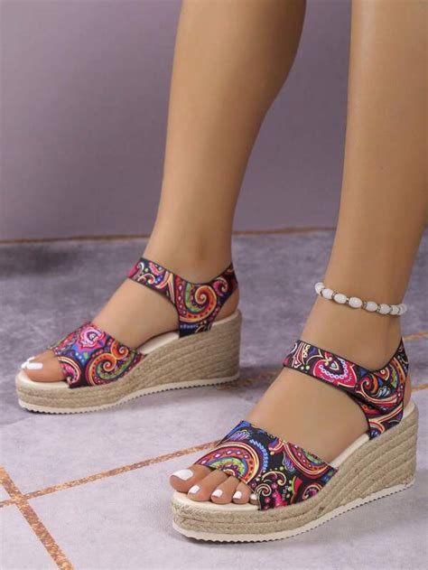Women Paisley Print Espadrille Ankle Strap Sandals Vacation Summer