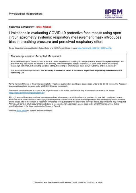 PDF Limitations In Evaluating COVID Protective Face Masks Using Open Circuit Spirometry