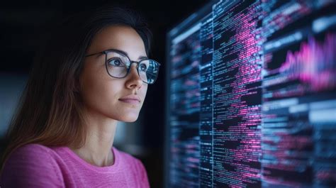 Focused Woman Analyzing Data On Screen Showcasing Technology And