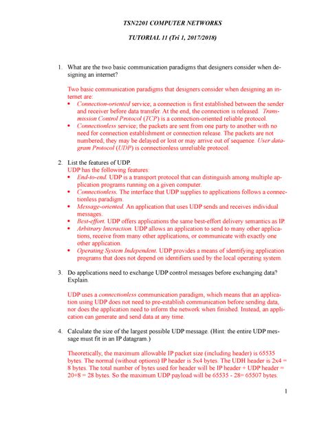 170276 Tutorial 11 17sol Tsn2201 Computer Networks Tutorial 11 Tri 1