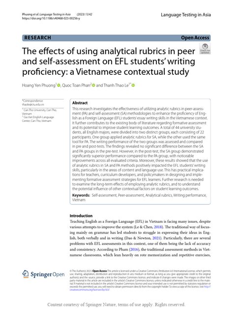 The Effects Of Using Analytical Rubrics In Peer An Pdf Educational