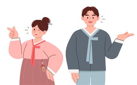 한복에 있는 여자와 남자는 가리키고 안내하는 제스처를 취한다 한복에 대한 스톡 벡터 아트 및 기타 이미지 한복 만화