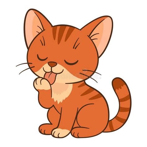 Red Cat Sits And Licks Paw Cute Ginger Tabby Kitten In Cartoon Style Flat Style Chibi Cat