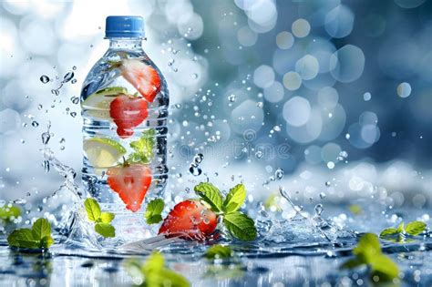 Bottle Of Water With Fresh Strawberries And Mint Splashing On Cool