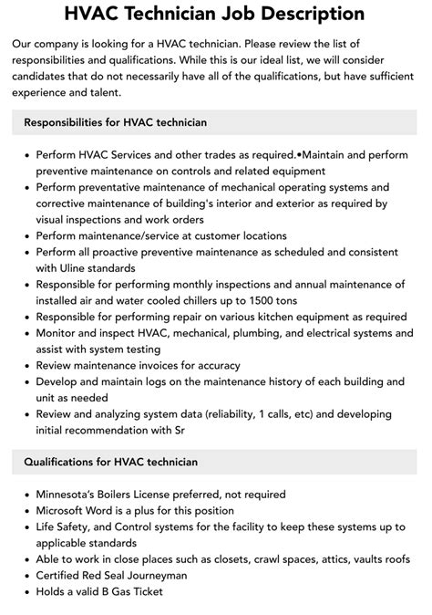 Hvac Technician Job Description Template