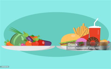 음식 선택 개념입니다 건강 한 신선한 음식과 정크 건강에 해로운 패스트 푸드를 두 접시 개념 다이어트과일와 햄버거 콜라 핫도그와 도넛 패스트 푸드 플레이트 대 유기 접시