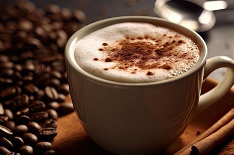Premium Ai Image A Close Up Photo Of A Cup Of Cappuccino And Coffee Beans