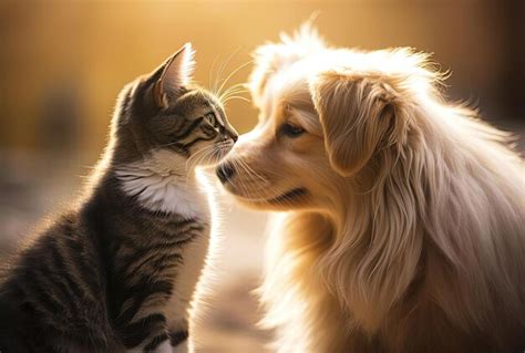 Premium Photo Dog And Cat Kissing In The Style Of Light Gold And Gray